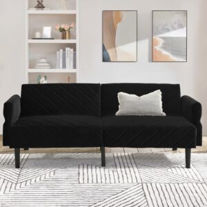 jeeohey futon sofa bed, 78" convertible 3 seat sleeper sofa w/5 level adjustable split backrest & 3 level armrest, oversized velvet futon couch bed for living room, apartment, small space, black