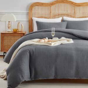 warmdern waffle weave duvet cover queen size, grey textured duvet cover set, soft and breathable comforter cover, 3 pieces microfiber bedding set with zipper for all season(grey,queen)