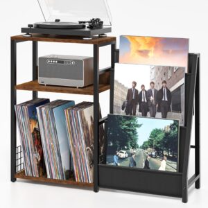 leboahous brown record player table with vinyl display shelf storage up to 150 albums, printer stand for office, end table turntable holder for living room, 3 tier av media stands dvd video game console shelf