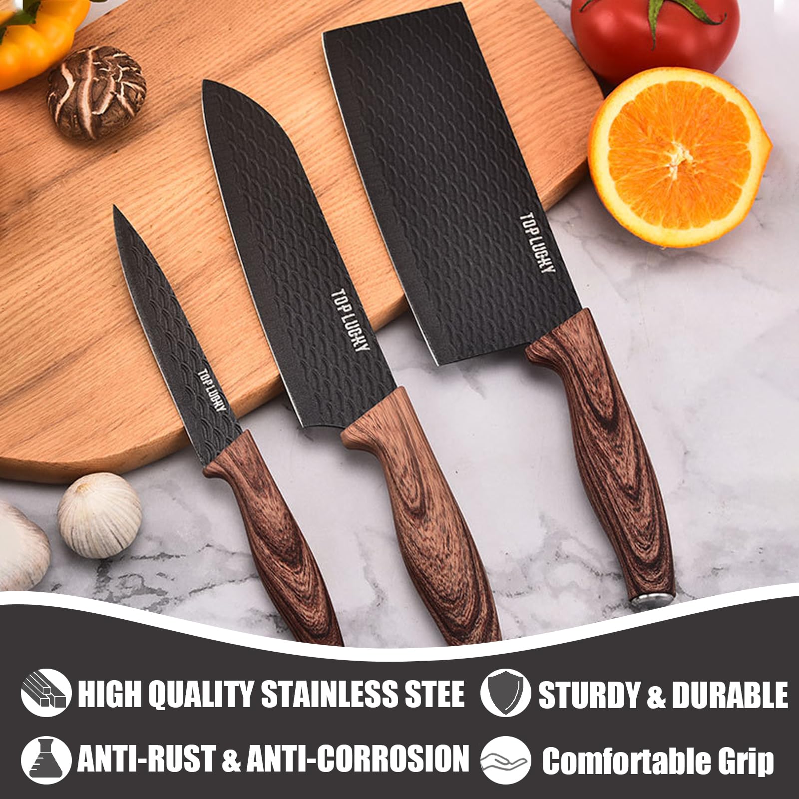 Kitchen Block Knife Sets, 6-Pieces Black Chef Knife Set with Removable Round Block, Non-stick & Non-slip Stainless Steel Sharp Knife Set for Restaurant Home Cooking, Gifts for Mom Wife Girl (Black)