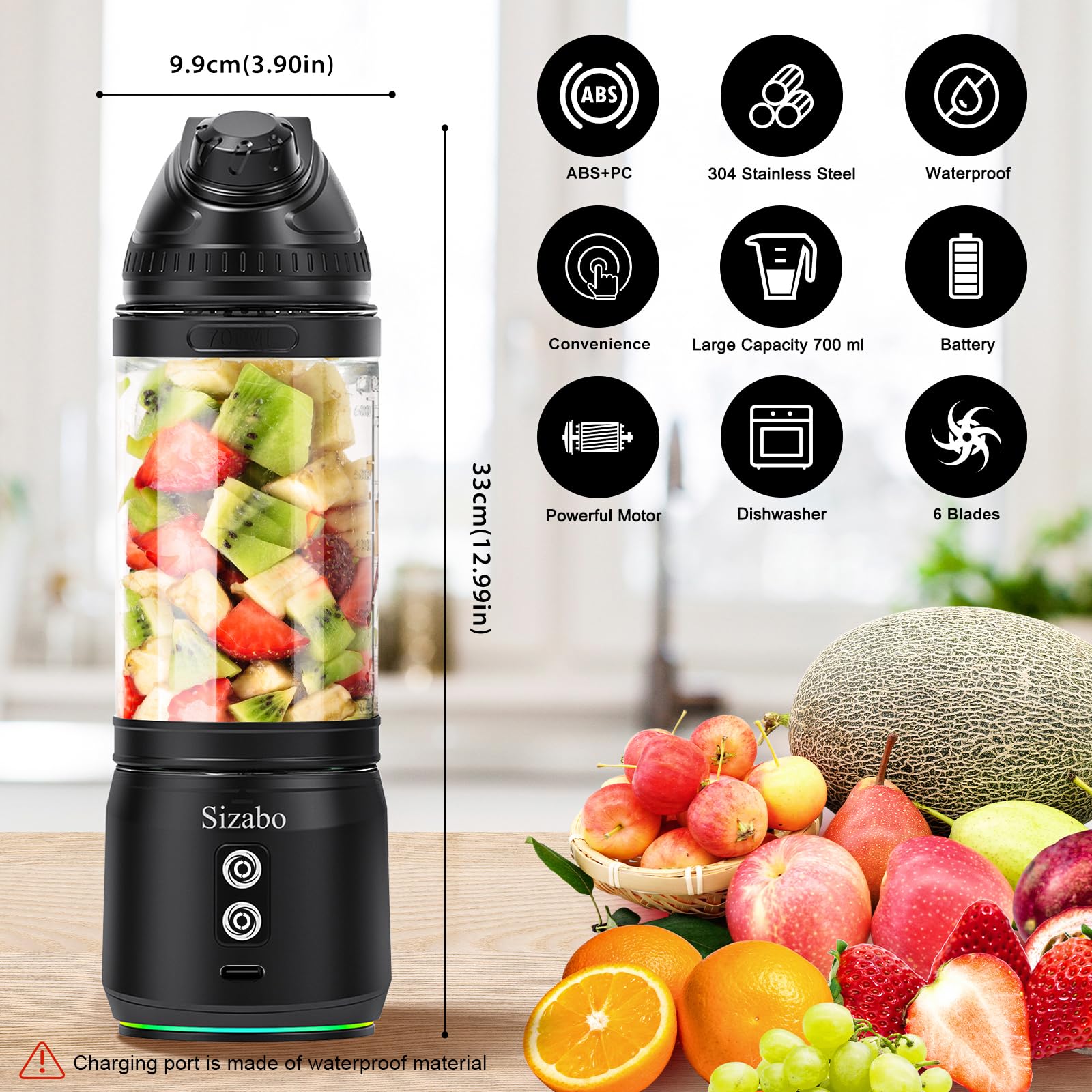 Portable Blender for Shakes and Smoothies,Sizabo Personal Size High Speed Blender,24 oz USB C Rechargeable Blender,2000 mAh*3 Tritan Mini Fruit Juice Mixer for Travel/Picnic/Office/Gym/Sport(Black)