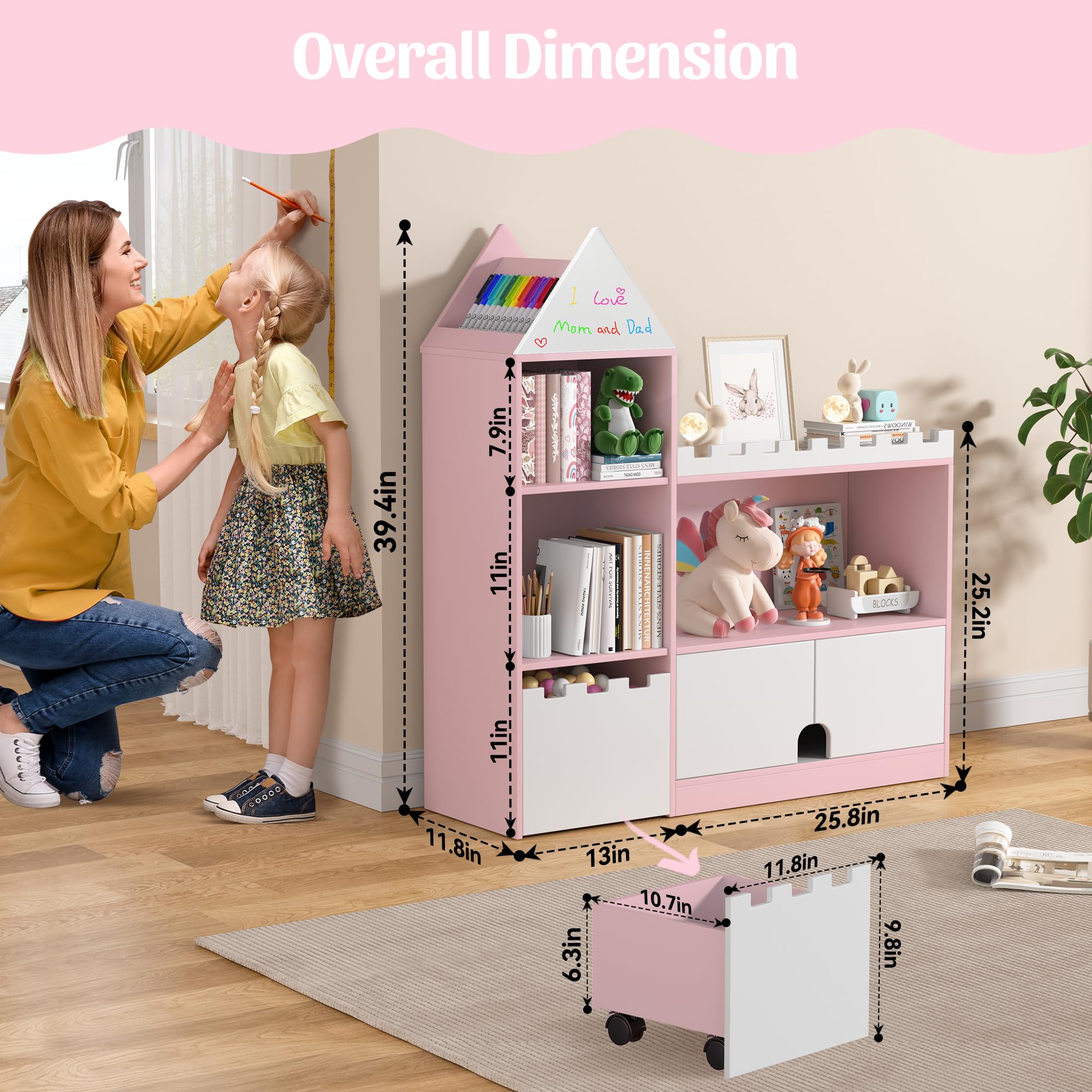 Decofy Toy Storage Organizer, Wood Kids Castle Bookshelf, 6 Cubby Children Bookcase, Montessori Book Shelf for Nursery, Playroom, Living Room [Size: 39.4" L* 11.8" W * 39.4" H] Pink