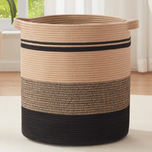 woven laundry basket hamper, 80l tall basket for blanket storage, cotton rope decorative storage for living room, dirty clothes basket, baby hamper for nursery (black & brown)