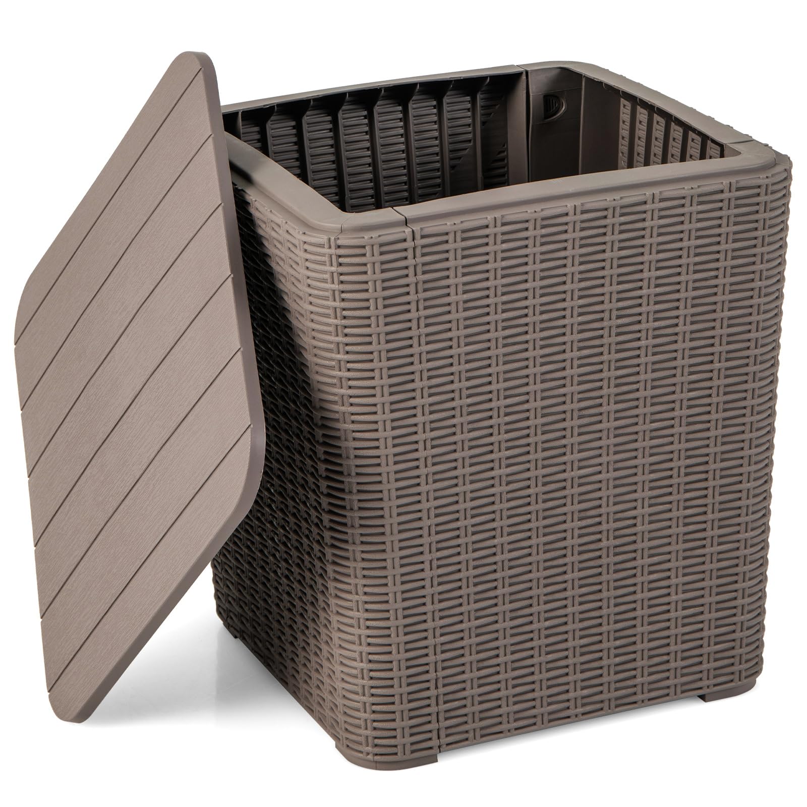 Giantex Small Outdoor Side Table - 11.5 Gallon Deck Box with Removable Lid & Wicker-Woven, Outside Storage Box Waterproof, Resin Rattan Side Table, Outdoor Coffee Table, Patio Storage Box (Brown)