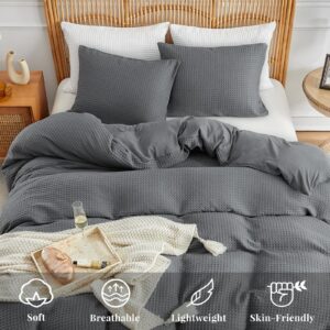 WARMDERN Waffle Weave Duvet Cover Queen Size, Grey Textured Duvet Cover Set, Soft and Breathable Comforter Cover, 3 Pieces Microfiber Bedding Set with Zipper for All Season(Grey,Queen)