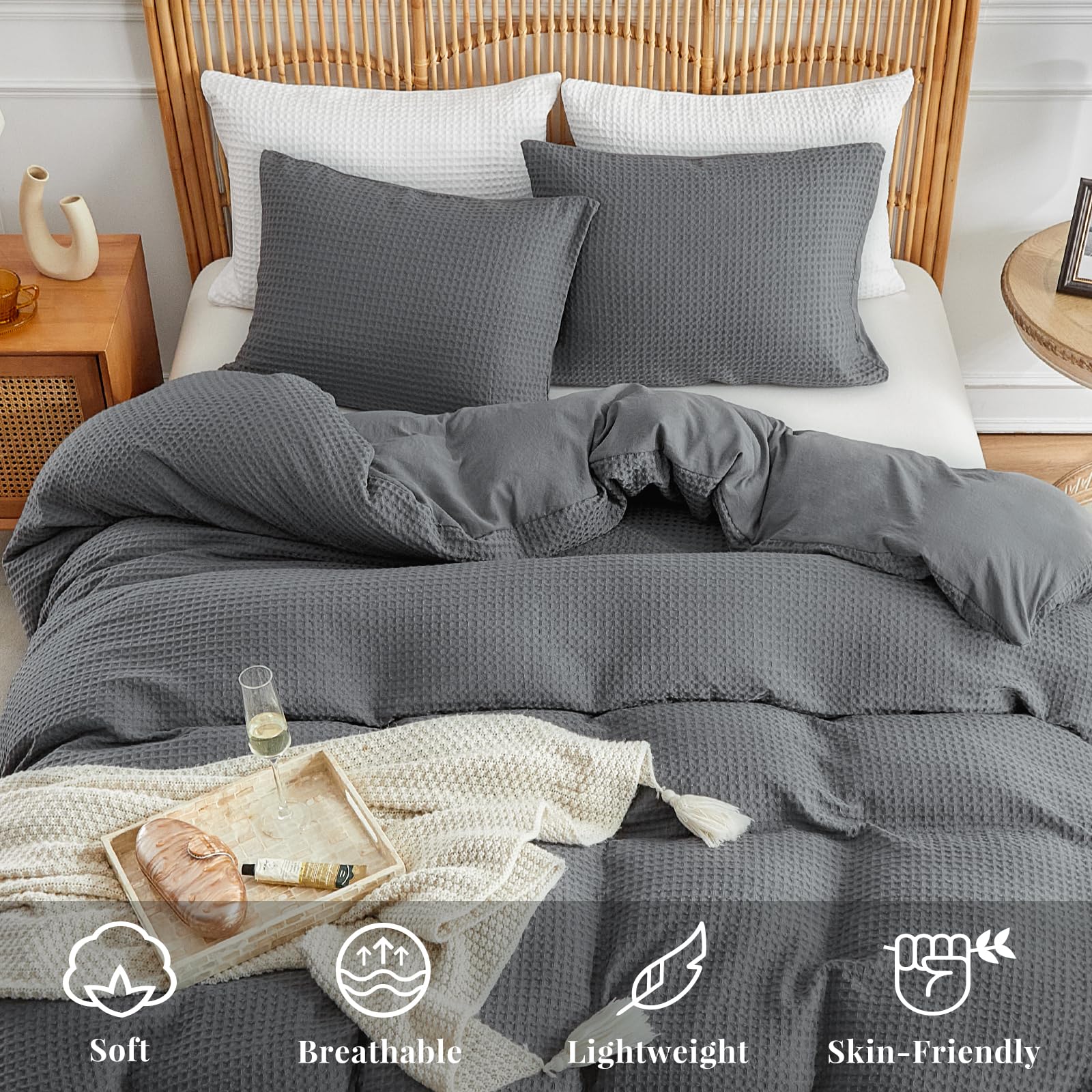 WARMDERN Waffle Weave Duvet Cover Queen Size, Grey Textured Duvet Cover Set, Soft and Breathable Comforter Cover, 3 Pieces Microfiber Bedding Set with Zipper for All Season(Grey,Queen)