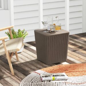 Giantex Small Outdoor Side Table - 11.5 Gallon Deck Box with Removable Lid & Wicker-Woven, Outside Storage Box Waterproof, Resin Rattan Side Table, Outdoor Coffee Table, Patio Storage Box (Brown)