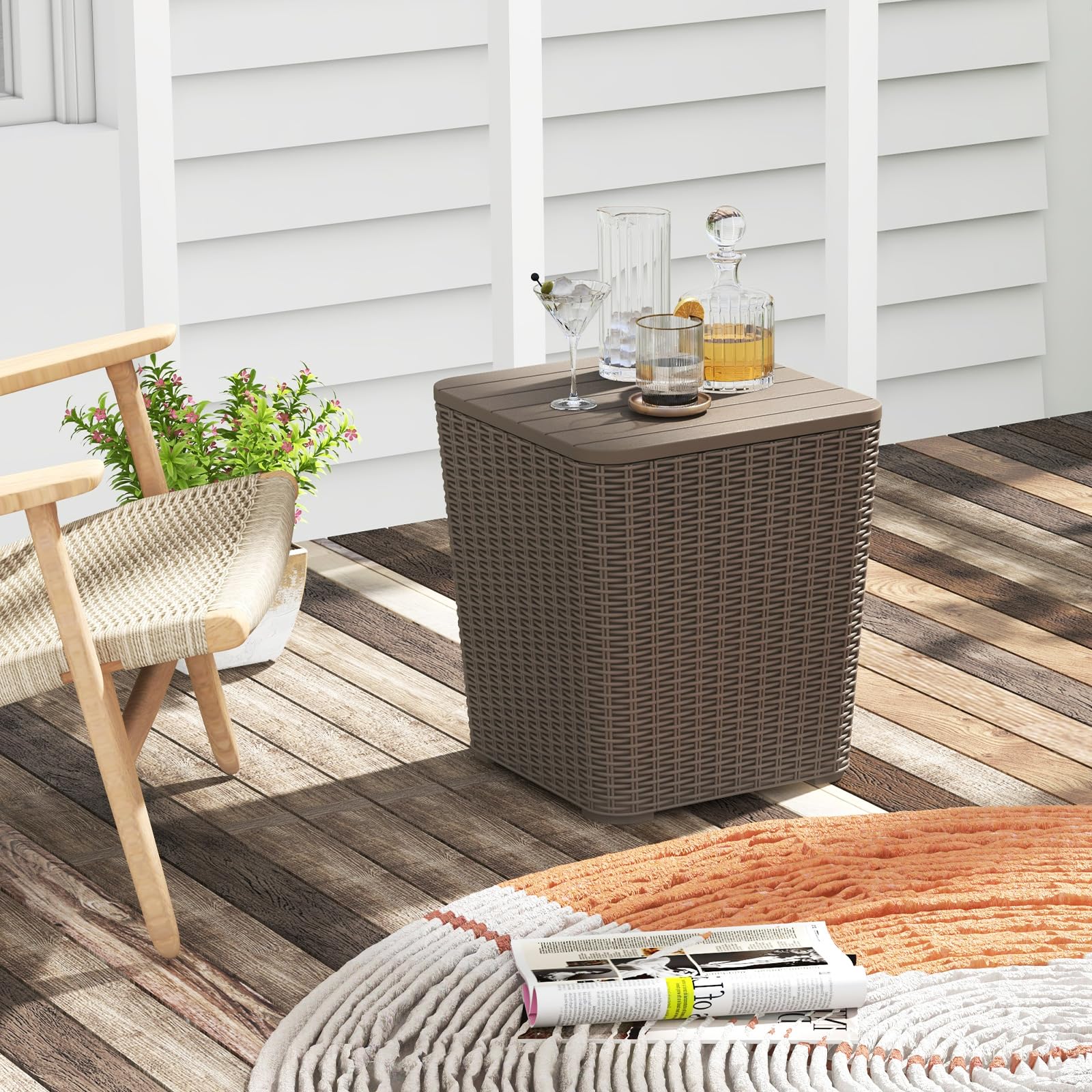 Giantex Small Outdoor Side Table - 11.5 Gallon Deck Box with Removable Lid & Wicker-Woven, Outside Storage Box Waterproof, Resin Rattan Side Table, Outdoor Coffee Table, Patio Storage Box (Brown)