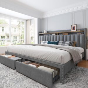 enhomee king size bed frame with storage and headboard, upholstered king bed frame with storage, grey king bed frame with 2 drawers, king size bed frame with storage, no noise,no box spring needed