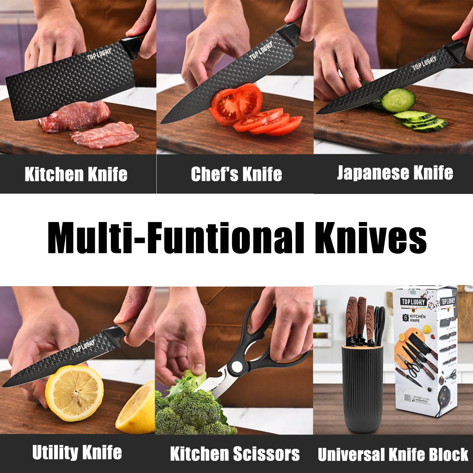 Kitchen Block Knife Sets, 6-Pieces Black Chef Knife Set with Removable Round Block, Non-stick & Non-slip Stainless Steel Sharp Knife Set for Restaurant Home Cooking, Gifts for Mom Wife Girl (Black)