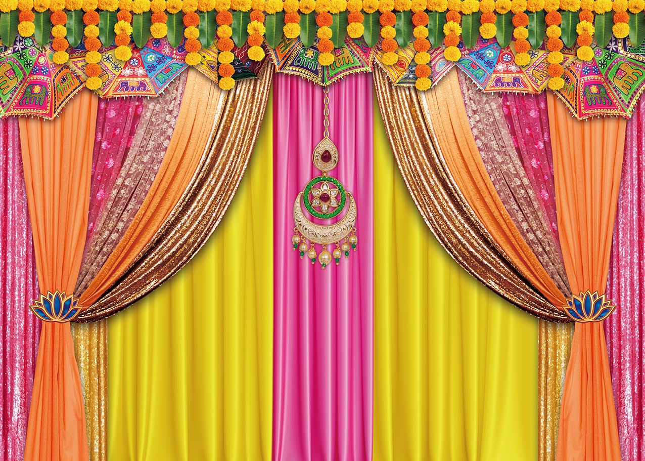 INRUI Indian Traditional Photography Background Diwali Pooja Colorful Curtain Decorations Indian Bridal Shower Wedding Party Photo Backdrop (7x5FT)