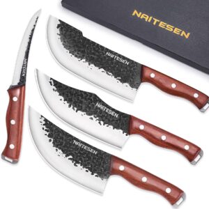 naitesen butcher knife set 4, hand forged serbian kitchen chef knife meat cleaver breaking knife boning knife hand forged very sharp for meat cutting home kitchen cooking bbq