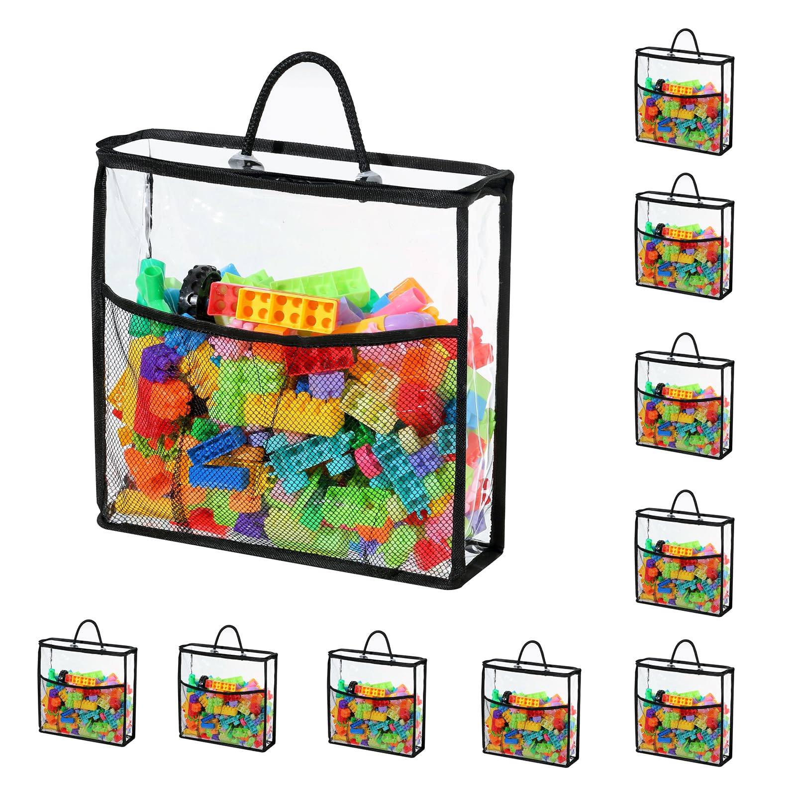 Remittur 10 PCS Clear Zippered Toy Storage Bags with handle, Kids Toy Storage Organizer with Mesh Pocket for Instructions, Playroom Toy Organizer Plastic Storage Bags for Blocks Set Puzzles,Small Toys