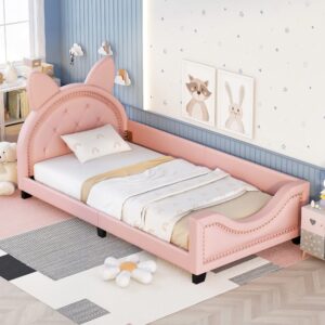 acqca twin size daybed with carton ears shaped headboard, pu leather upholstered platform bed with button tufting nailhead trim for kids girls boys, no box spring needed,pink