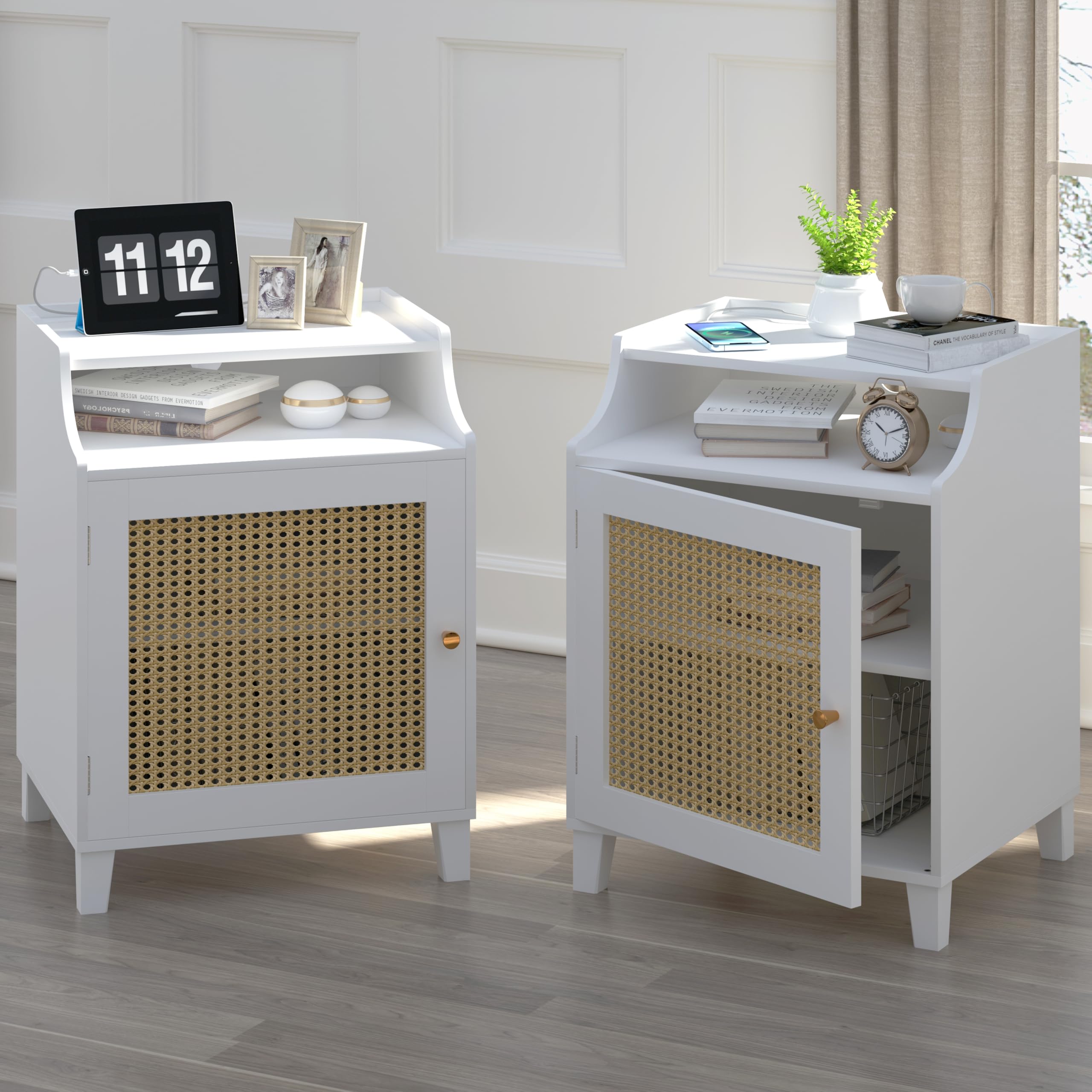 Nightstand Set of 2 White Night Stand with Charging Station Farmhouse Bedside Table with Rattan Door&Adjustable Storage Shelf Rustic Wood Couch Side Table End Table for Bedroom