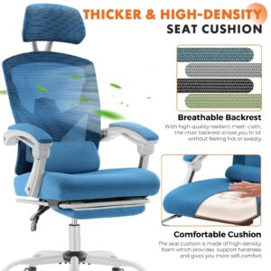 Sweetcrispy Office Computer Desk Chair, Ergonomic High-Back Mesh Rolling Work Swivel Chairs with Wheels, Comfortable Lumbar Support, Comfy Arms for Home, Bedroom, Study, Student, Blue