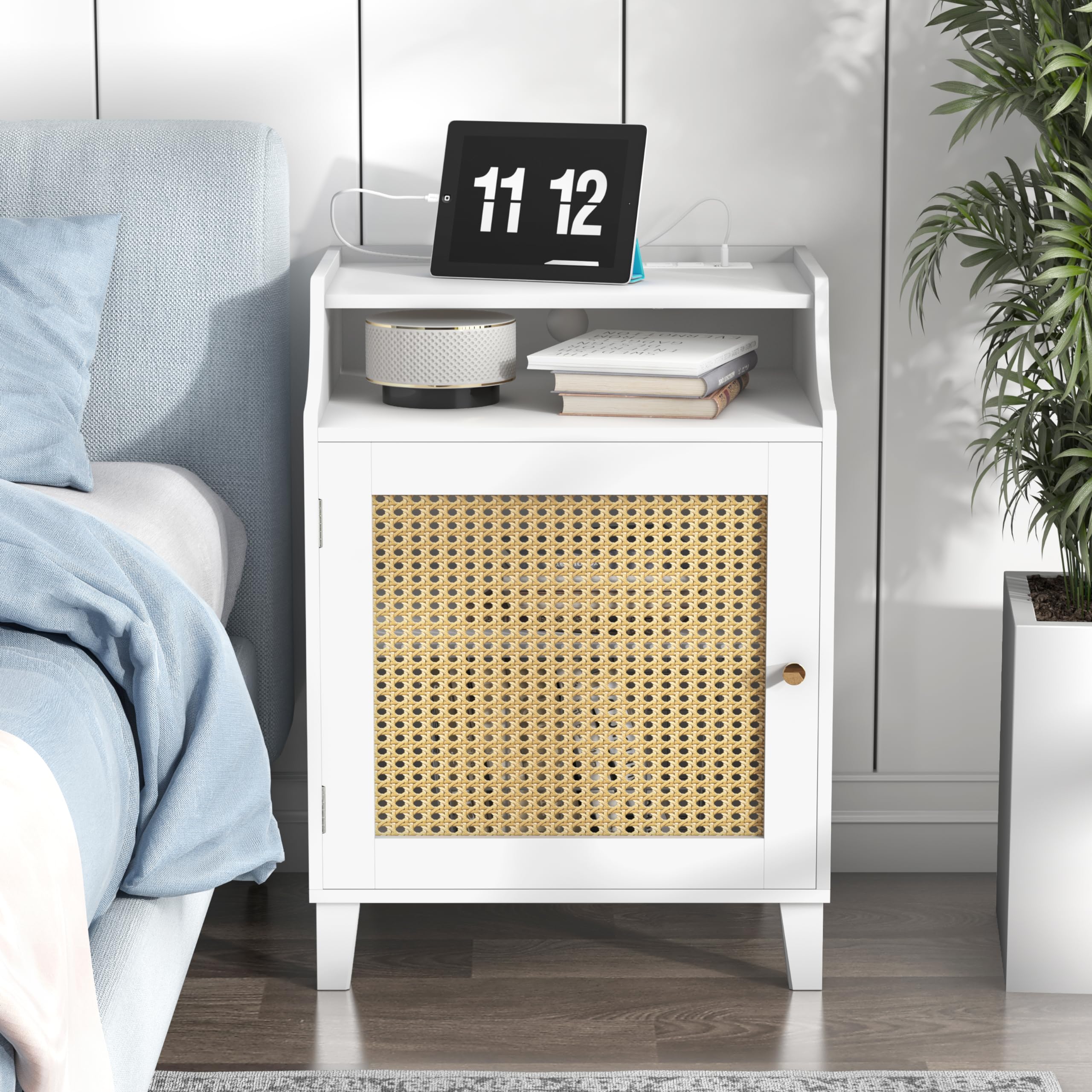 Nightstand Set of 2 White Night Stand with Charging Station Farmhouse Bedside Table with Rattan Door&Adjustable Storage Shelf Rustic Wood Couch Side Table End Table for Bedroom