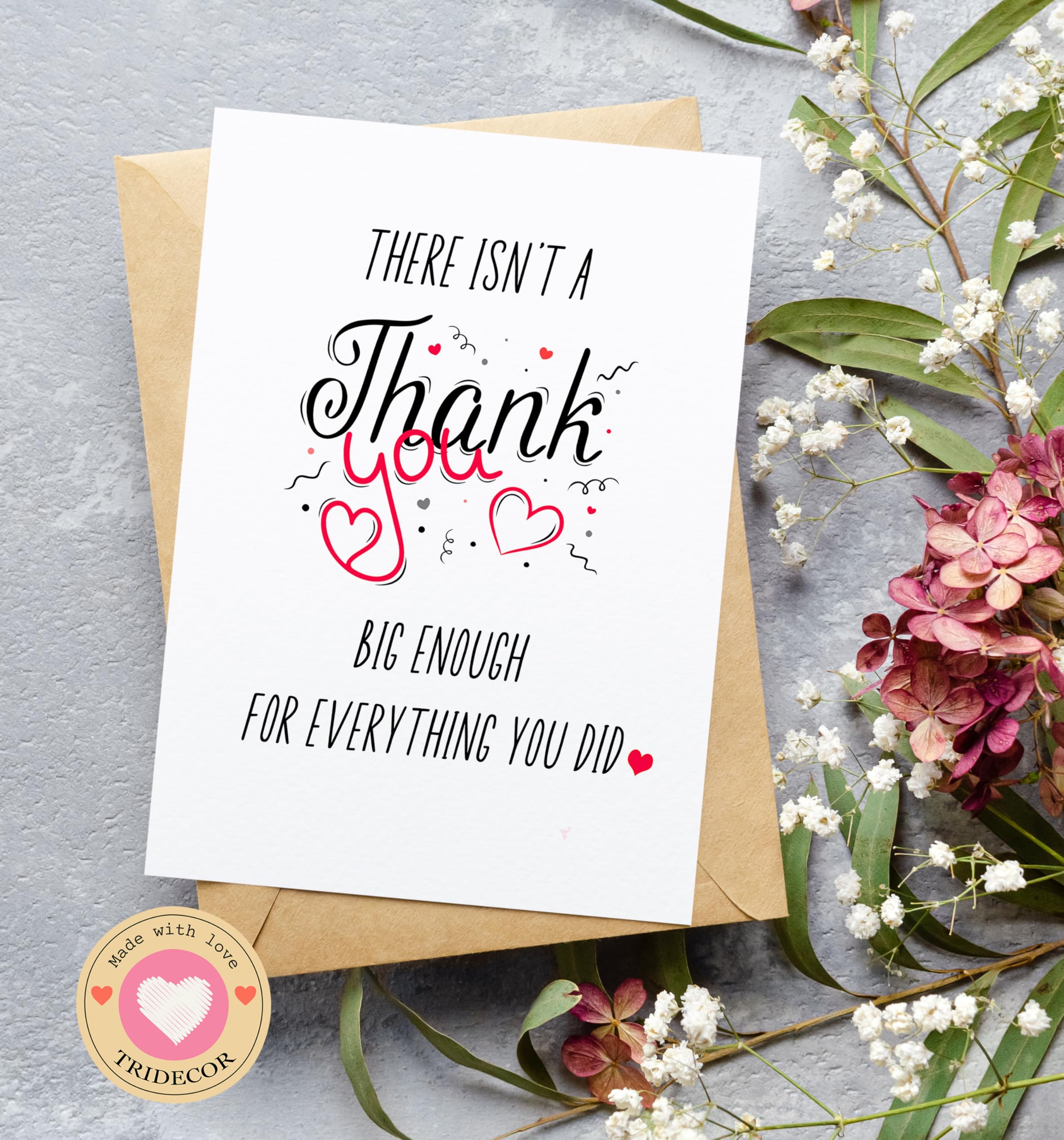 TRIDECOR Thank you Card with Envelope, Simple Cute Single Thankful Card, Grateful Gratitude Card - Folded 5"x7" Card for Him, Her, Teacher, Boss, Doctor, Mom, Dad, Coworker, Bridesmaids, Groomsmen