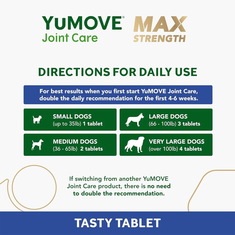 YuMOVE Hip & Joint Supplement for Dogs with Glucosamine, Chondroitin, Omega 3, Hyaluronic Acid, Green Lipped Mussel, & Fish Oil for Dogs - Max Strength - for Senior Dogs 120 Tablets