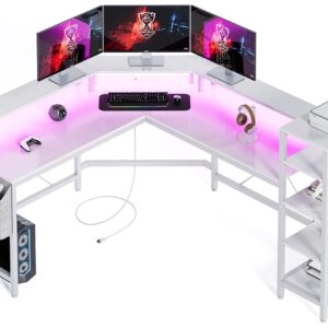 Patikuin L Shaped Desk with Power Outlets & LED Lights, 62" Computer Desk with Full Monitor Stand & Storage Shelves, Corner Desk Gaming Desk, Ergonomic Home Office Desk, White