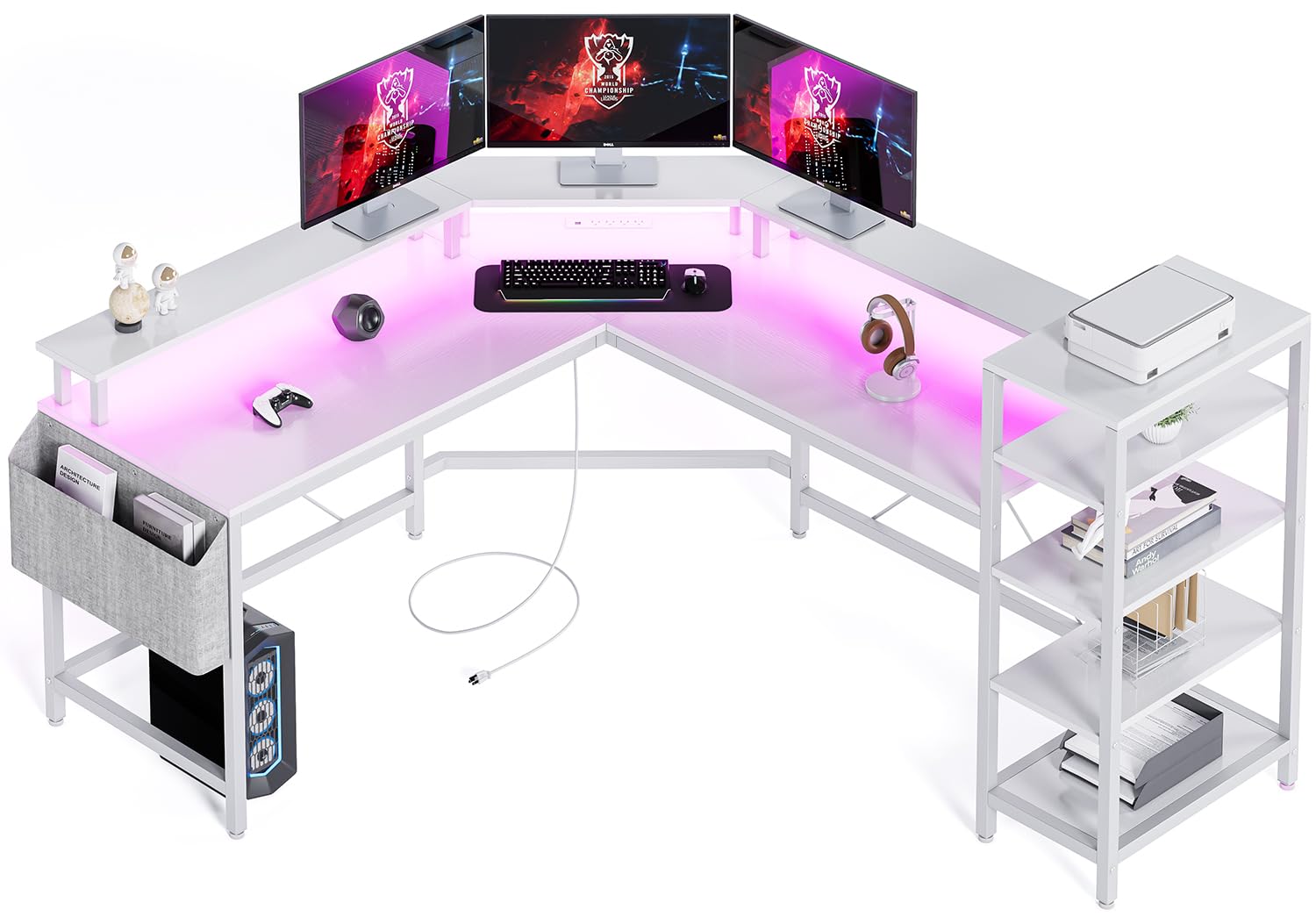 Patikuin L Shaped Desk with Power Outlets & LED Lights, 62" Computer Desk with Full Monitor Stand & Storage Shelves, Corner Desk Gaming Desk, Ergonomic Home Office Desk, White