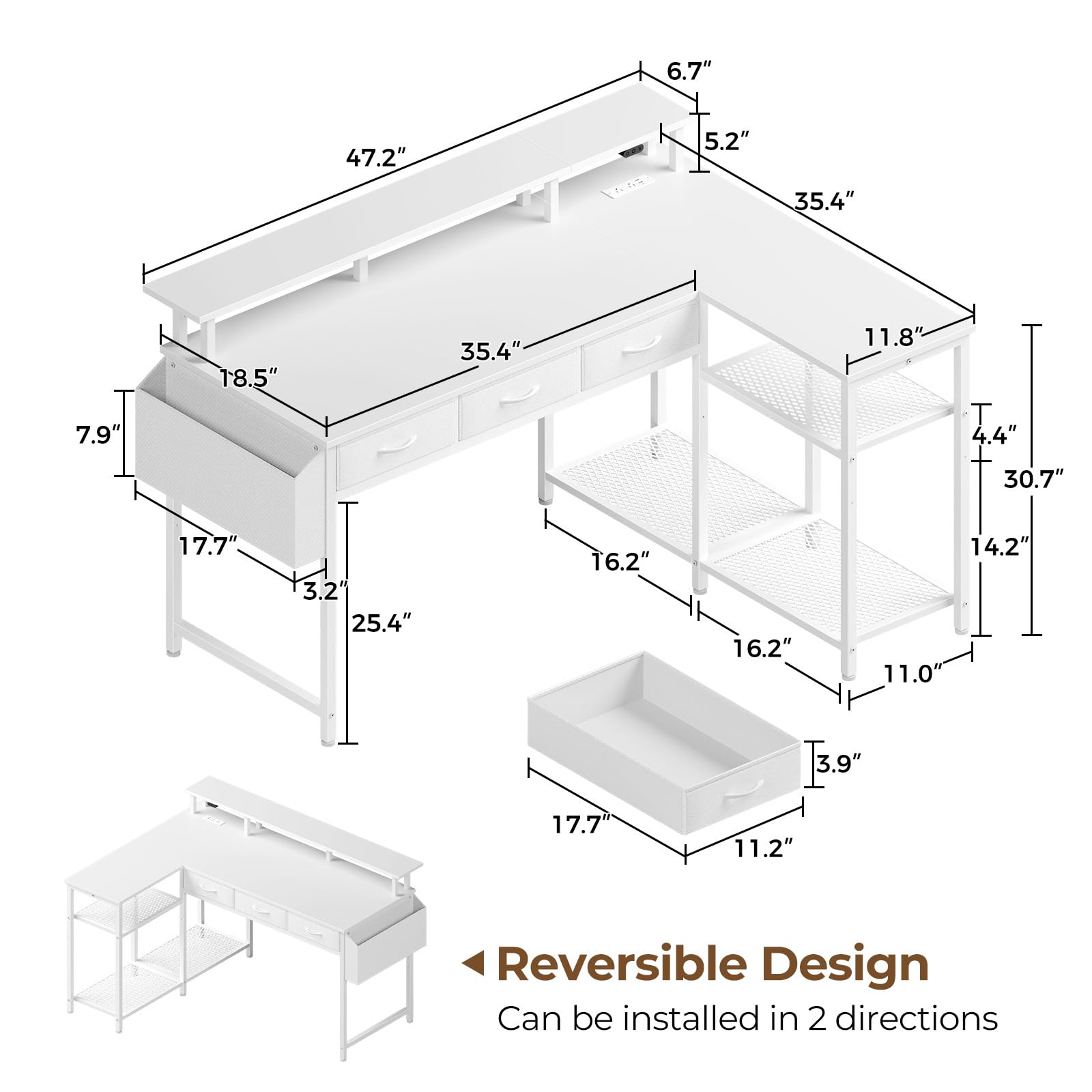 Seventable L Shaped Desk with Storage Drawers, 47 inch Gaming Desk with Shelves, Small Computer Desk with Power Outlets & LED Lights, Home Office Corner Desk with Monitor Stand for Bedroom, White