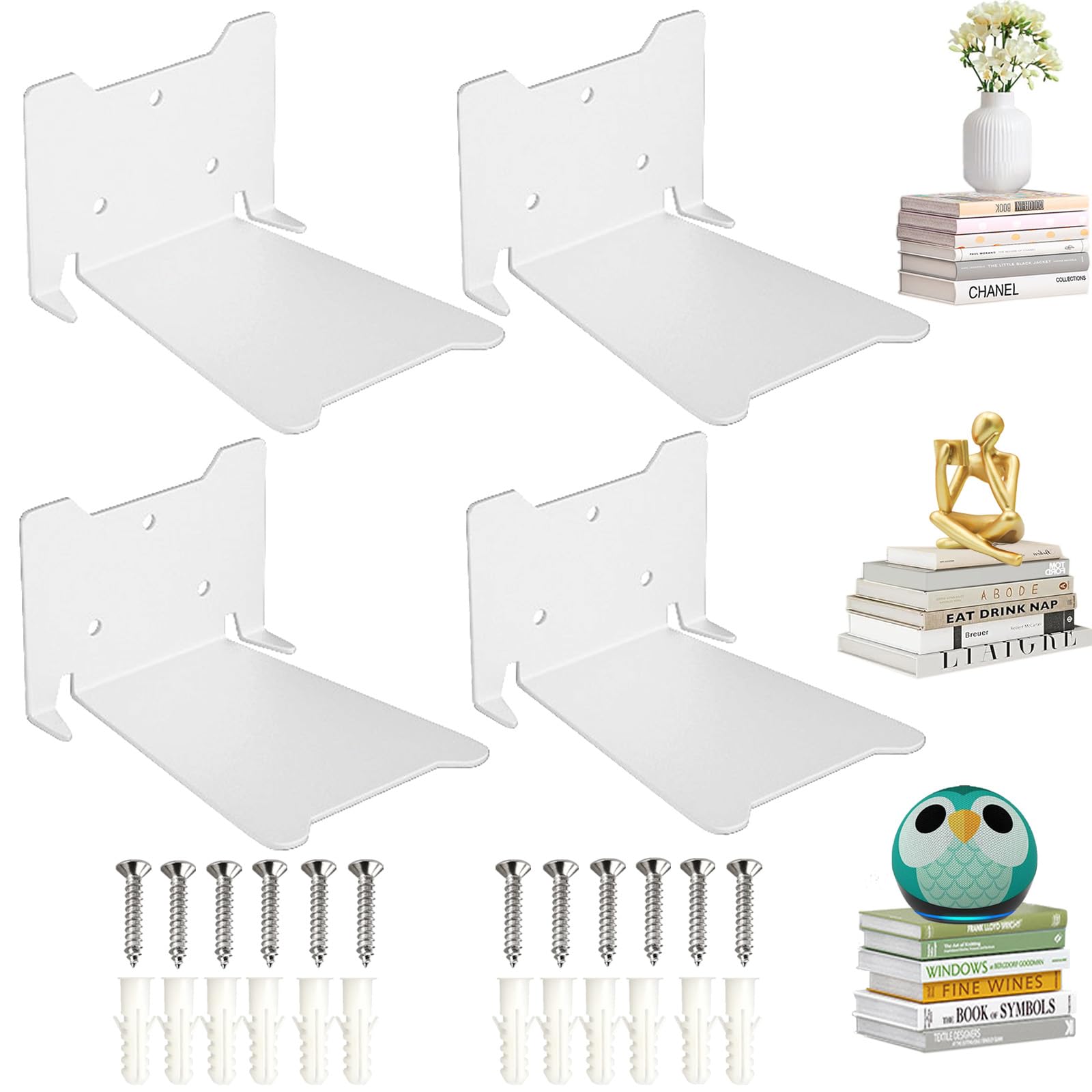 VEEBELL Floating Book Shelves for Wall, Invisible Wall Mounted Bookshelf Multipurpose Wall Shelves for Home Office Classroom Library, White 4-Pack Large