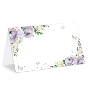 whaline 100pcs floral butterfly place cards 2 x 3.5 inch watercolor purple flower tented cards table name sign for party banquet reception table setting supplies