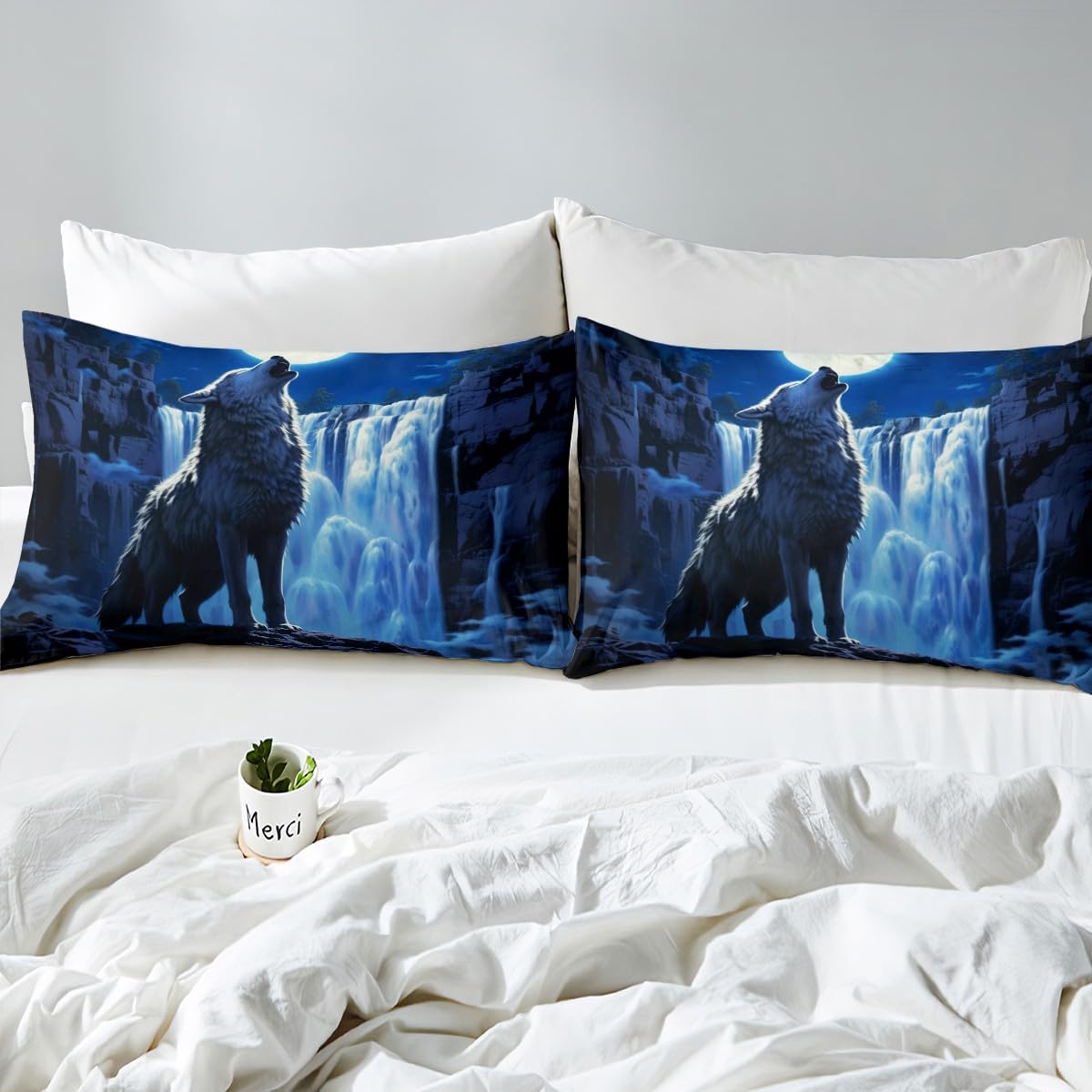 Moon Howling Wolf Bedding Set Twin Size,3D Wolf Duvet Cover Set Kids Boys Girls Room Decor,Waterfall Wild Animal Moonlight Comforter Cover 2Pcs,Blue Dark Night Nature Bedspreads Cover,1 Pillowcase