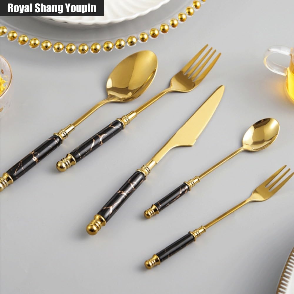 Royal Shang Youpin Ceramic Handle Kitchen Stainless Steel Silverware Tableware Flatware Cutlery Set Steak Knife Fork Spoon Teaspoon (Black,16 pieces)