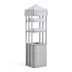 sunjoy aluminum frame pool towel valet tower with 2-tier shelves and a large all-weather wicker storage basket for dirty towels, grey