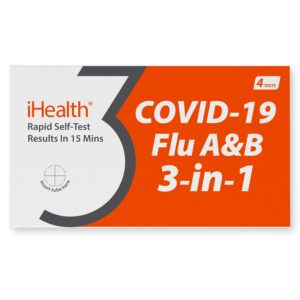 iHealth COVID-19, Flu A&B 3-in-1 Antigen Rapid Test, Results in 15 Minutes, FDA Authorized OTC Flu & COVID Home Test, with Non-invasive Nasal Swab, Easy to Use & No Discomfort (1 Pack, 4 Tests Total)