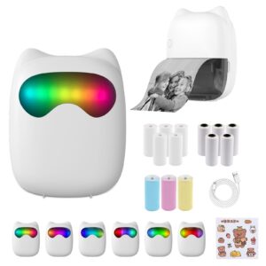 mini sticker printer, inkless pocket sticker printer with 6 color lighting modes, bluetooth thermal printer with 13 rolls paper compatible with android & ios for journal, memo, photo, diy, gifts