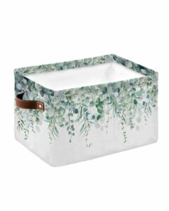 eucalyptus storage basket sage green large foldable storage bins with handles watercolor leaves waterproof fabric laundry baskets for organizing shelves closet toy gifts bedroom home decor