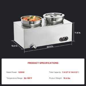 GAOMON Commercial Soup Warmer 1200W Commercial Bain Marie, Steam Table Food Warmer Electric Countertop Station with Large Stainless Steel 2X7.4QT Round Pots 86-185°F for Restaurants, Parties, Buffets