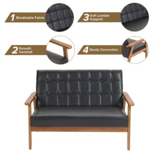 Ufurpie Mid Century Modern Loveseat, 2-Seat PU Leather Upholstered, Comfy Reading Couch, Accent Sofa for Living Room Bedroom, Easy Assembly, Black