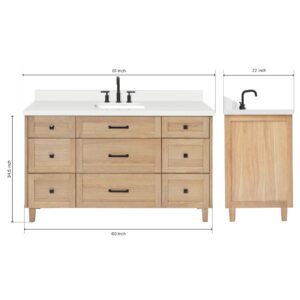 ARIEL 61'' Bathroom Vanity with Sink, American White Oak Solid Wood, 1.5" Edge Pure White Quartz Countertop and Backsplash, Rectangle Sink, Soft Closing Doors, Dovetail Drawers, Matte Black