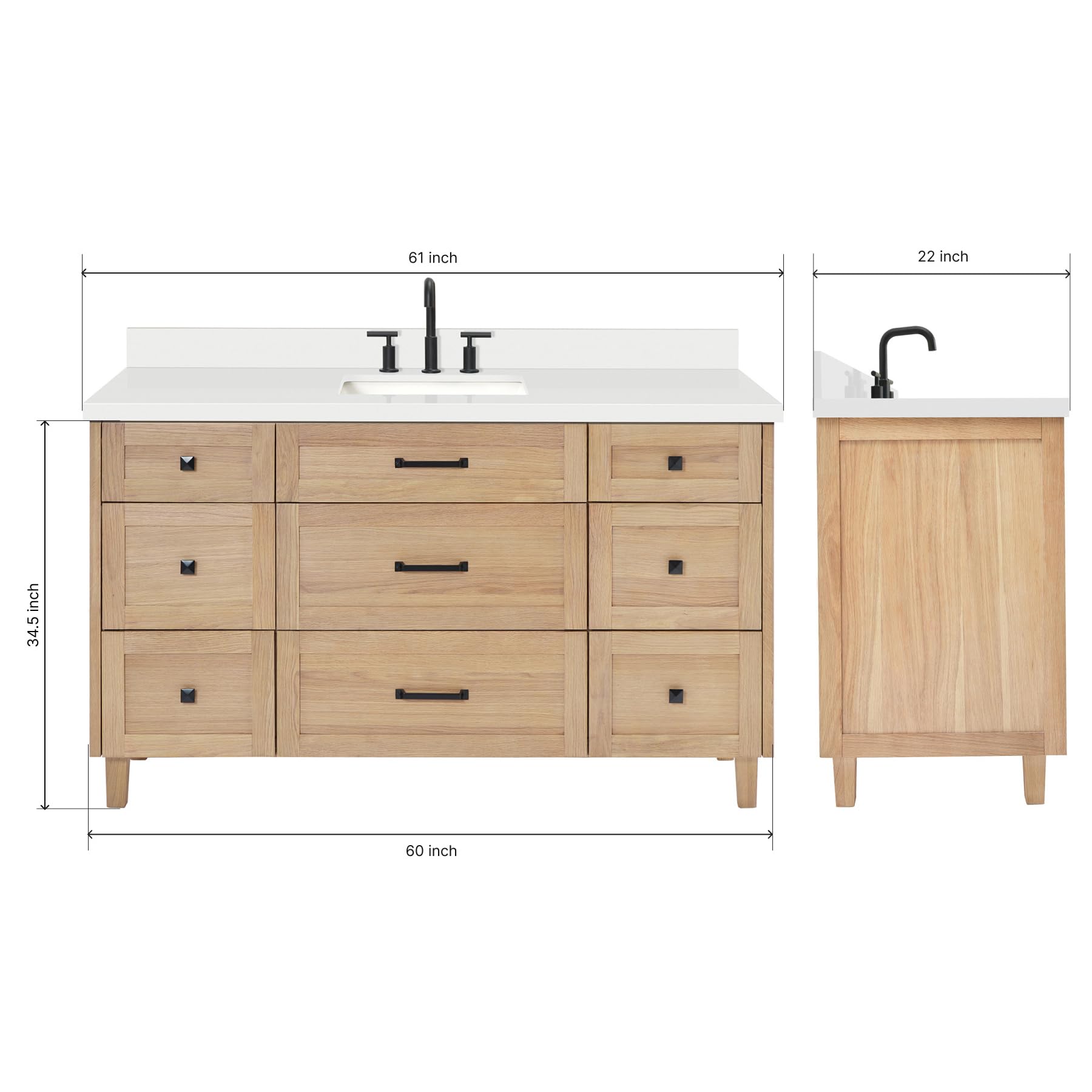 ARIEL 61'' Bathroom Vanity with Sink, American White Oak Solid Wood, 1.5" Edge Pure White Quartz Countertop and Backsplash, Rectangle Sink, Soft Closing Doors, Dovetail Drawers, Matte Black