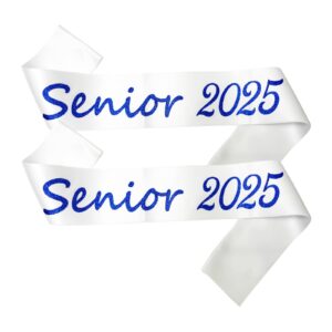 Ashaqshnglee Senior Sash 2025, 2PCS Graduation Sash White with Blue Glitter Letter Finally Graduated Cheerleader Party Celebration Decorations