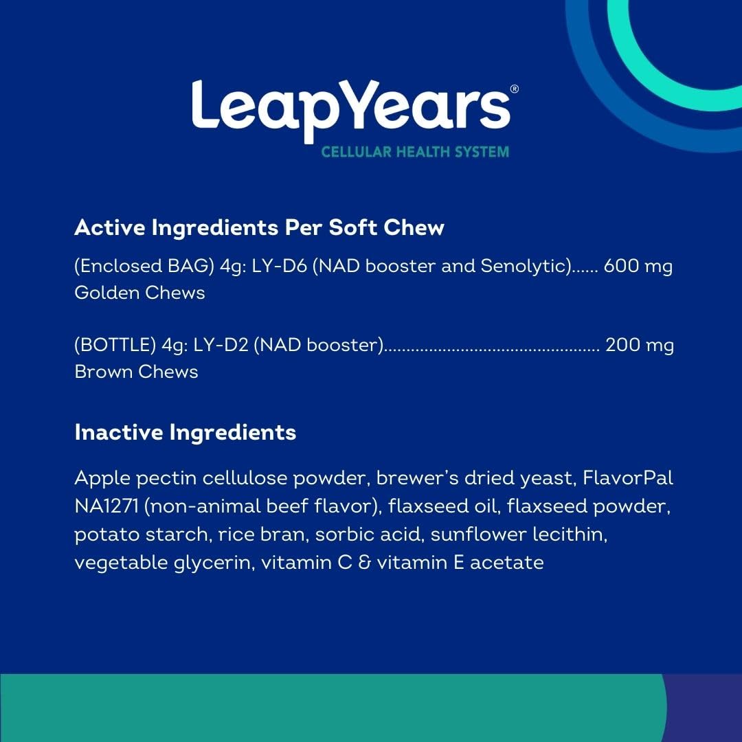 Leap Years Soft Chew Dog Supplement – Clinically Proven Daily NAD & Senolytic Formula; Support Cognition, Vitality & Healthy Cellular Aging; Beef Flavor (Large Breed (55-76 lbs))