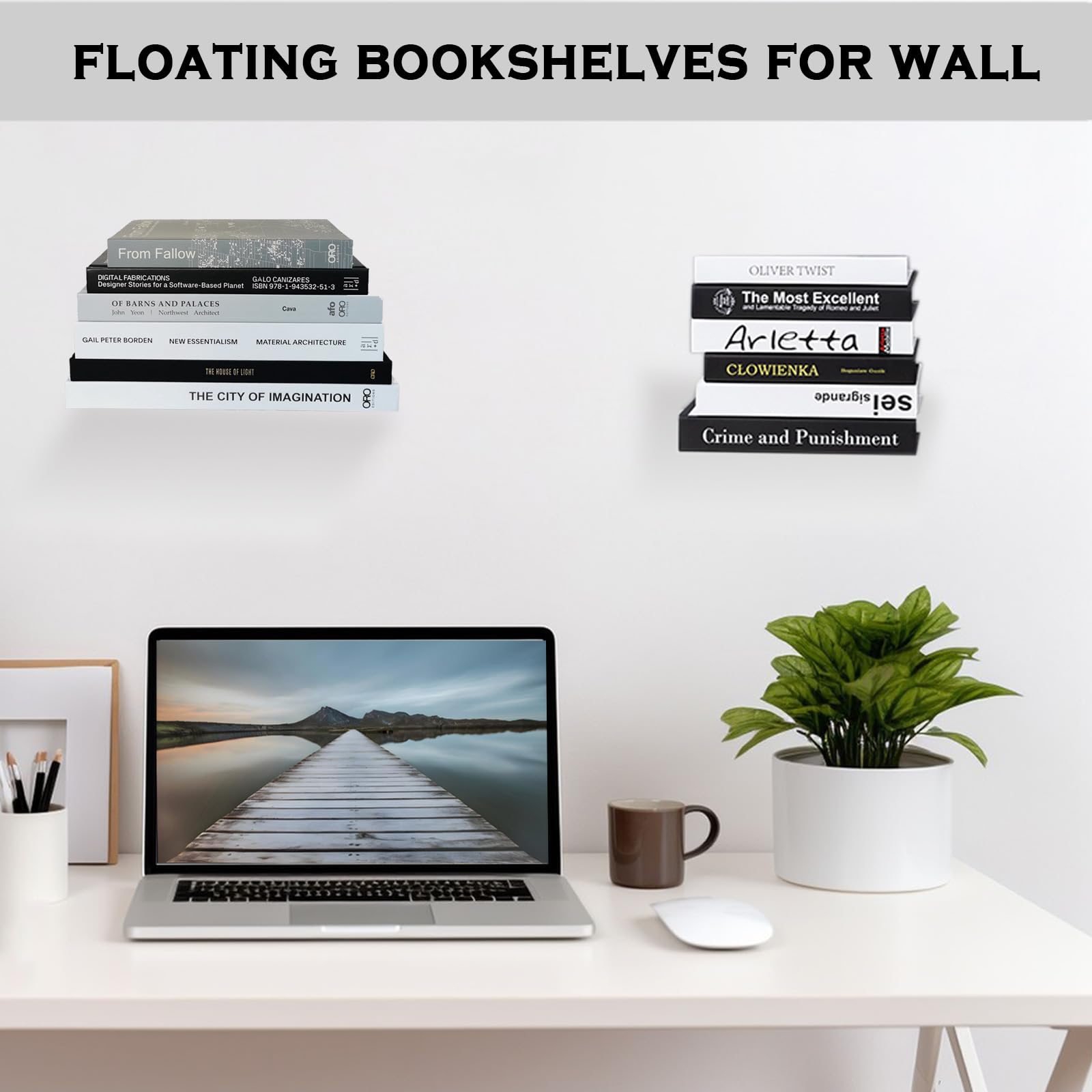 VEEBELL Floating Book Shelves for Wall, Invisible Wall Mounted Bookshelf Multipurpose Wall Shelves for Home Office Classroom Library, White 4-Pack Large