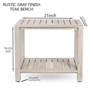 TeakCraft Gray Teak Shower Bench with Shelf 21 Inch for Bathroom, Spa - Fully Assembled, Shower Stool, Rustic Gray Finish, The Elisa