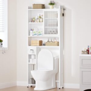 cozivolife over the toilet storage cabinet with acrylic door panel and paper towel drawer, bamboo toilet shelf, organizer rack above toilet for bathroom (without power strip, white)