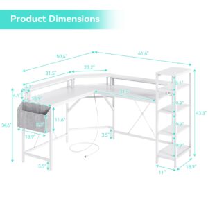 Patikuin L Shaped Desk with Power Outlets & LED Lights, 62" Computer Desk with Full Monitor Stand & Storage Shelves, Corner Desk Gaming Desk, Ergonomic Home Office Desk, White