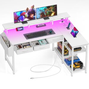 seventable l shaped desk with storage drawers, 47 inch gaming desk with shelves, small computer desk with power outlets & led lights, home office corner desk with monitor stand for bedroom, white