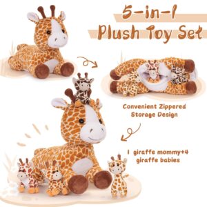 Tezituor 5Pcs Giraffe Stuffed Animal Set, 22in Mommy Stuffed Giraffe with 4 Cute Baby Giraffe Toys for Girl Boy Kid, Soft Large Giraffe Pillow, Plush Giraffe Gift for Birthday Christmas Party Decor