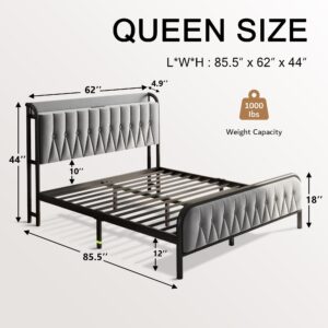 Einhomn Velvet Queen Bed Frame with Charging Station, Platform Bed with Upholstered Storage Headboard & Footboard, 12" Underbed Space, Noise-Free, Easy Assembly, No Box Spring Needed, Light Gray