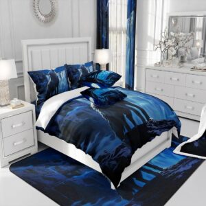 Moon Howling Wolf Bedding Set Twin Size,3D Wolf Duvet Cover Set Kids Boys Girls Room Decor,Waterfall Wild Animal Moonlight Comforter Cover 2Pcs,Blue Dark Night Nature Bedspreads Cover,1 Pillowcase