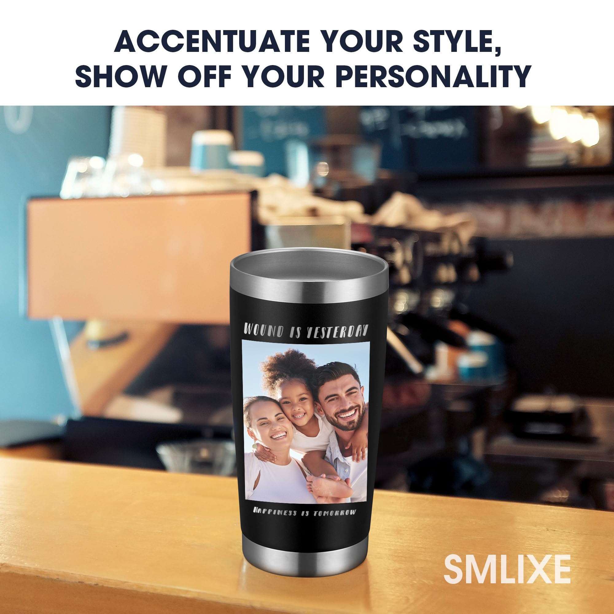 Personalized Custom Tumbler Print in USA 20oz Stainless Steel Coffee Cup with Lid & Straw Double Wall Insulated Tumbler with Colorful Text Logo Photo