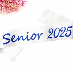 Ashaqshnglee Senior Sash 2025, 2PCS Graduation Sash White with Blue Glitter Letter Finally Graduated Cheerleader Party Celebration Decorations